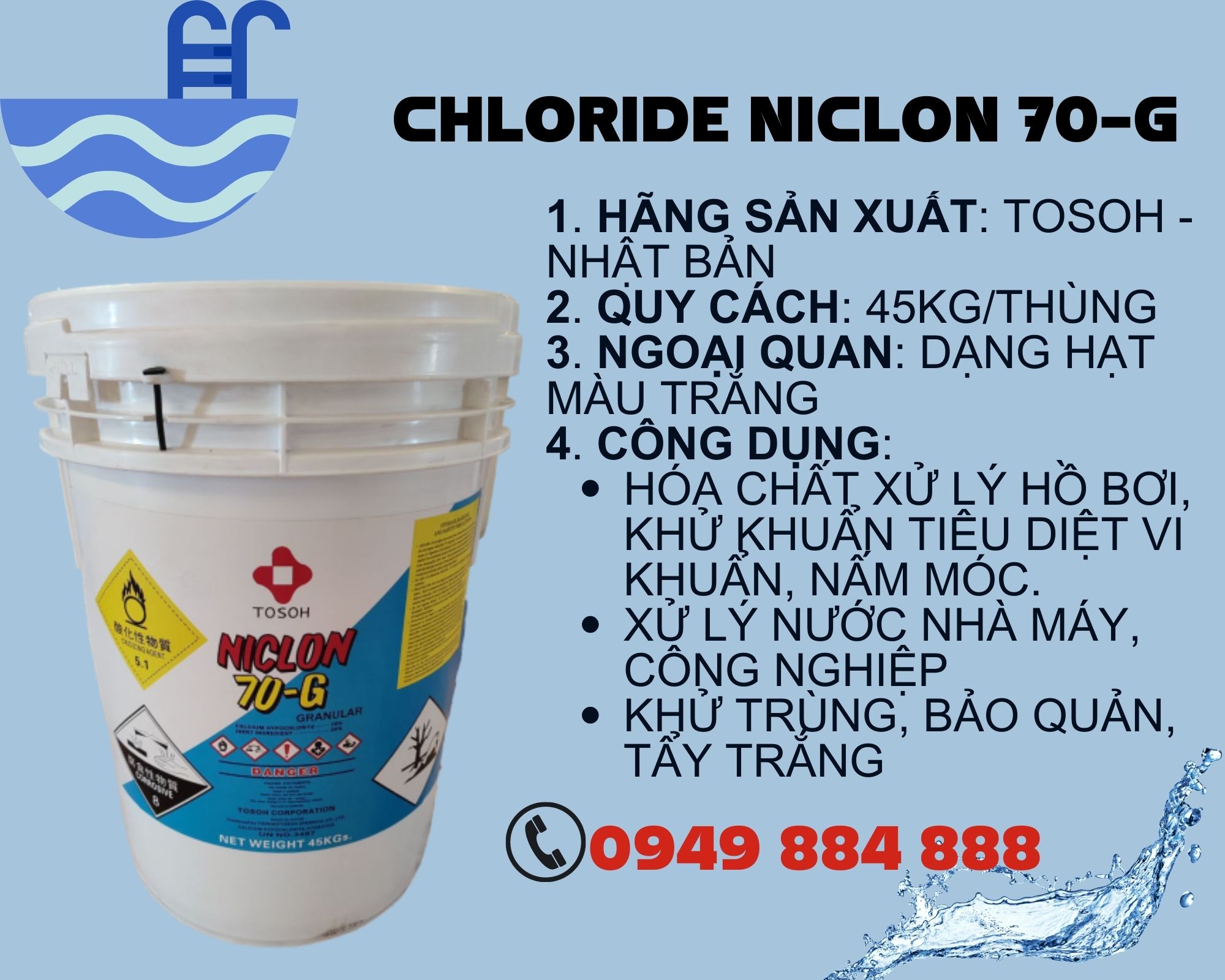Ứng dụng của Chloride Niclon 70-G trong xử lý nước hồ bơi